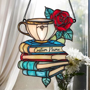 Flower Books and Tea Faux Stained Glass Suncatcher, Book Lover Window ...