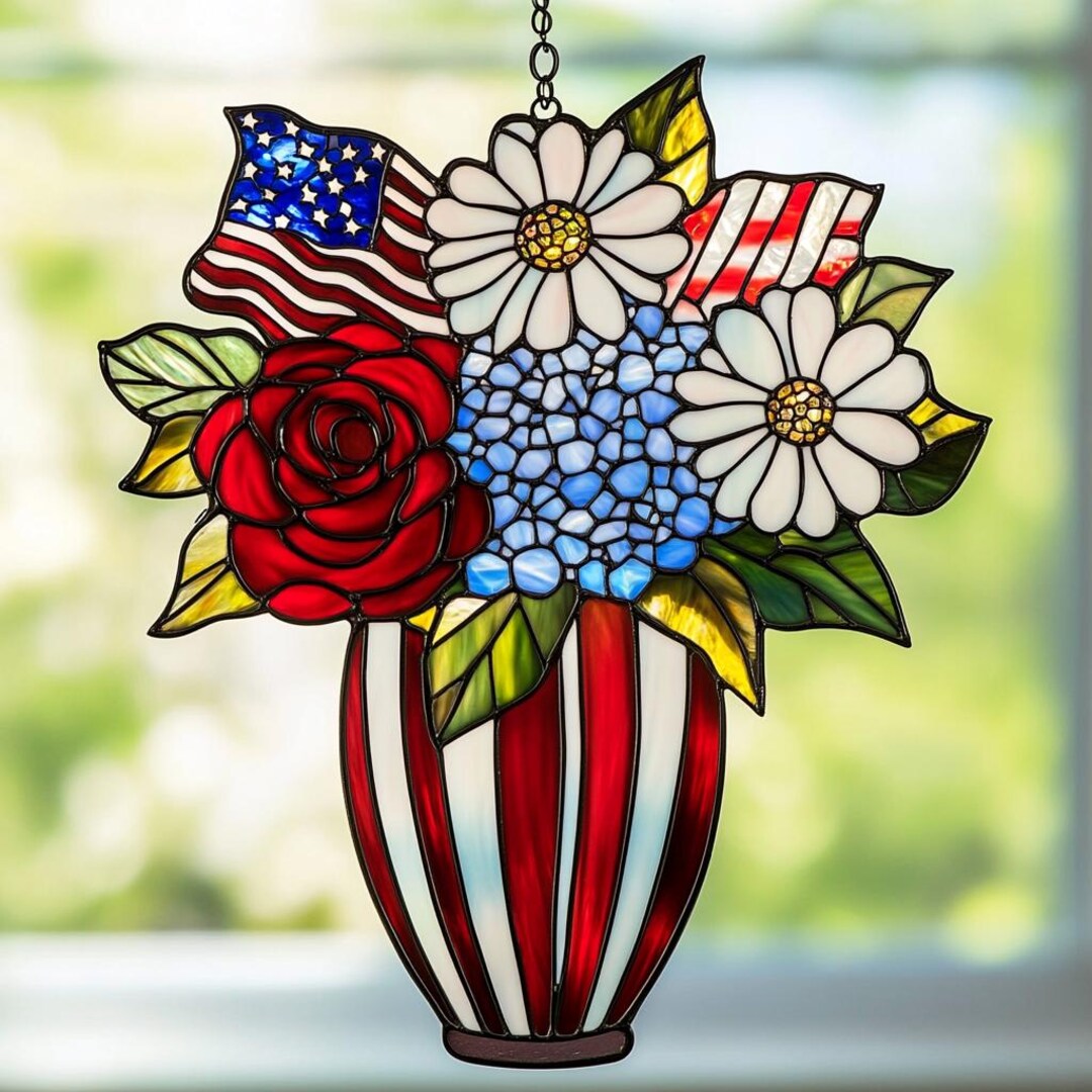 Patriotic Flower Vase Acrylic Suncatcher – Faux Stained Glass Red White ...