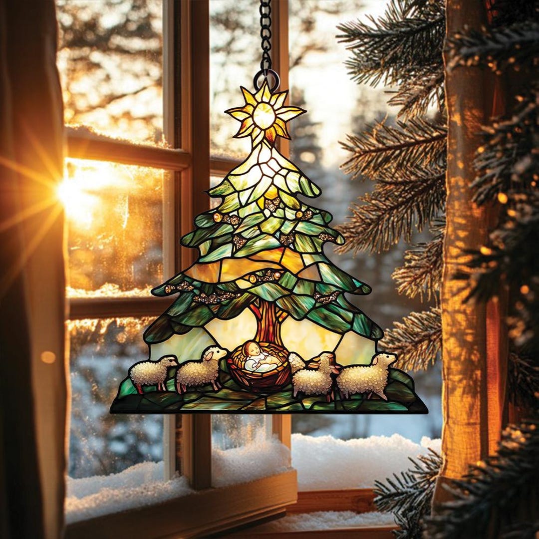 Jesus Nativity Scene Suncatcher, Faux Stained Glass Christian Window ...