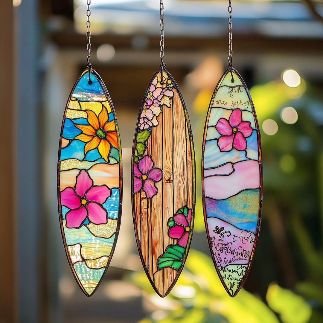 Tropical Surfboard Faux Stained Glass Suncatcher, Surf Decor for Beach ...
