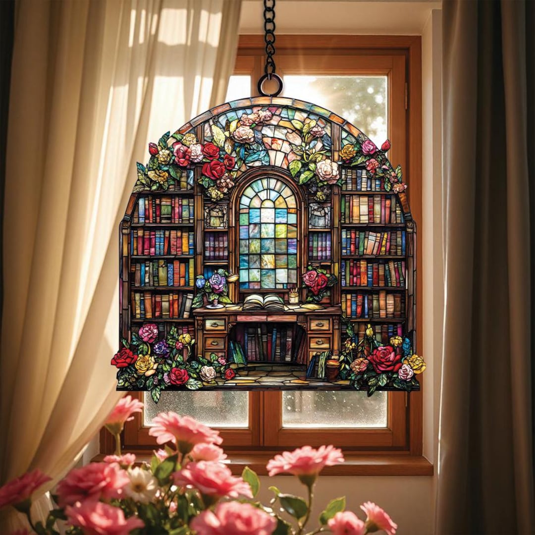 Book Lover’s Library Bookshelf Suncatcher, Acrylic Faux Stained Glass ...