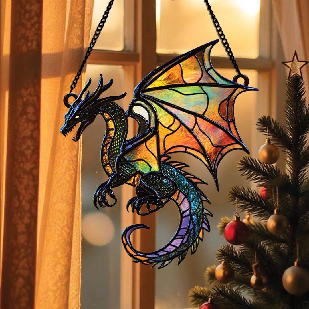 Dragon Acrylic Suncatcher, Fantasy Dragon Faux Stained Glass Window ...