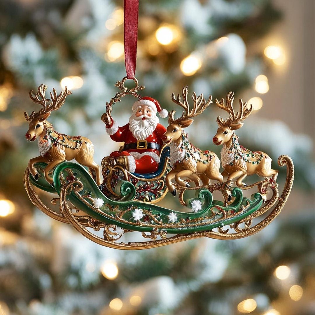 Reindeer and Santa Sleigh Ornament With Santa - Traditional Christmas ...