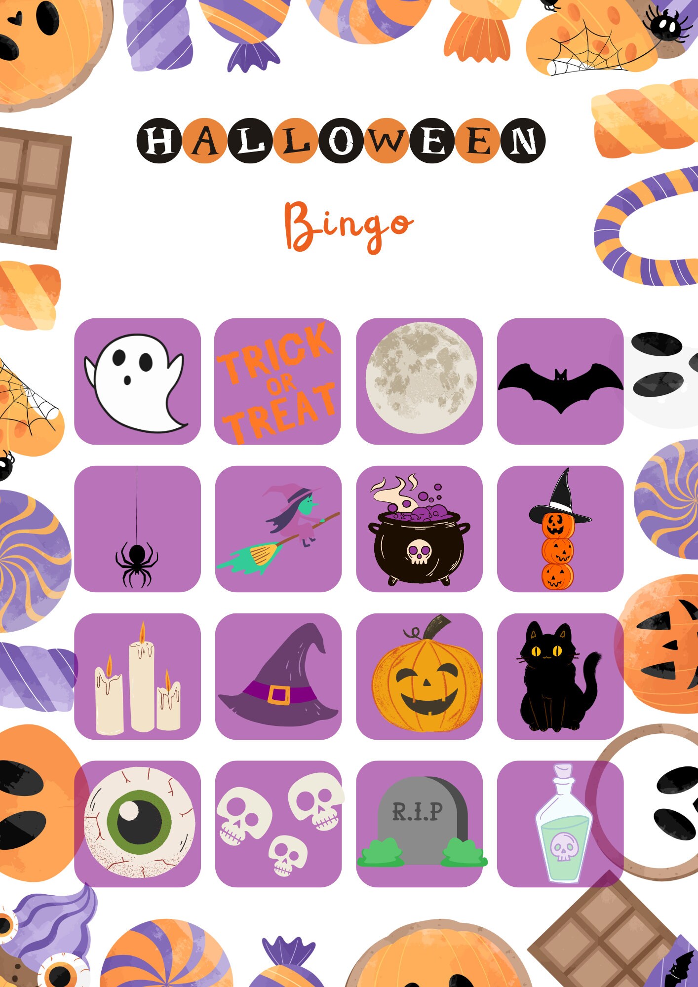 50 Printable Digital Bingo Cards Canva Halloween Theme Party Game ...
