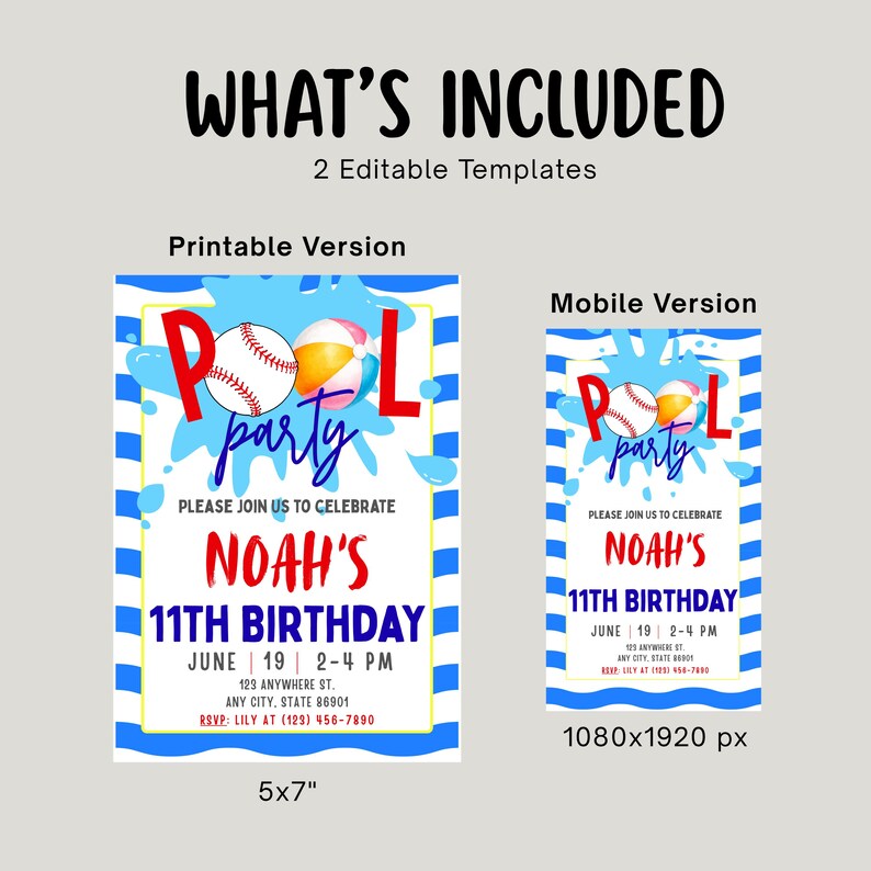 Baseball Pool Party Birthday Invitation, Editable (digital Download) - Etsy