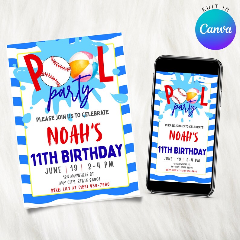 Baseball Pool Party Birthday Invitation, Editable (digital Download) - Etsy