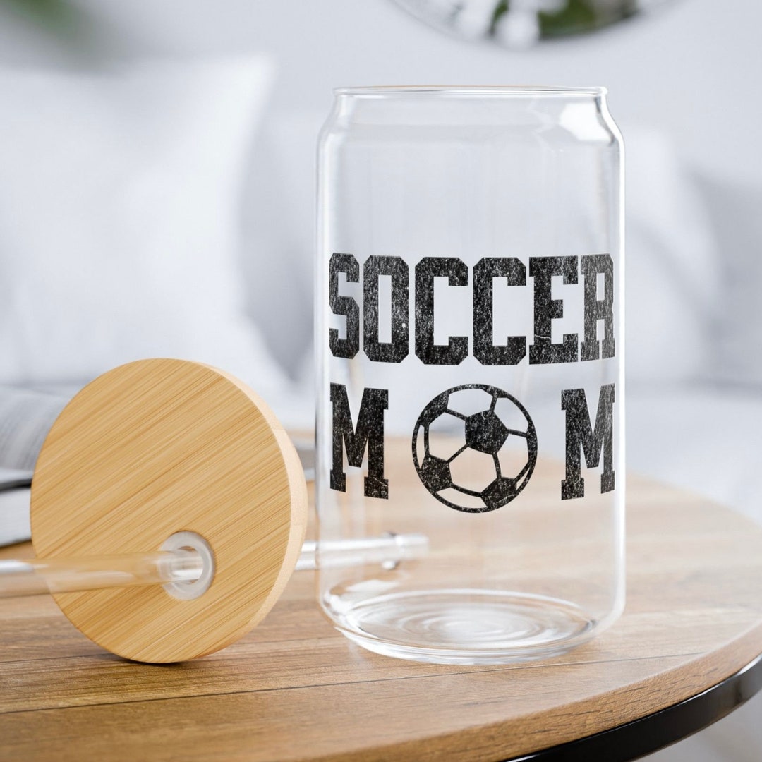 Soccer Mom Sipper Glass, Bamboo Lid Glass Cup, Soccer Ball Cup, Iced ...