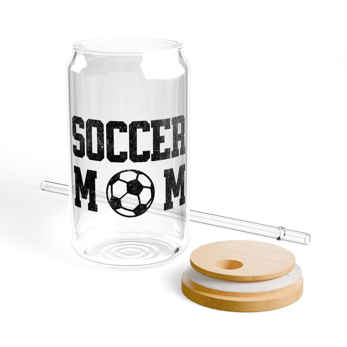 Soccer Mom Sipper Glass, Bamboo Lid Glass Cup, Soccer Ball Cup, Iced ...