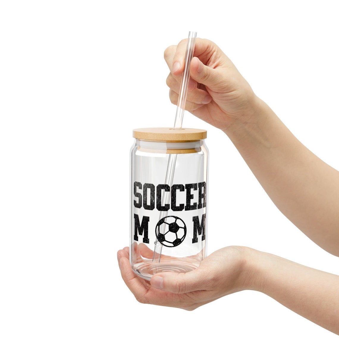 Soccer Mom Sipper Glass, Bamboo Lid Glass Cup, Soccer Ball Cup, Iced ...