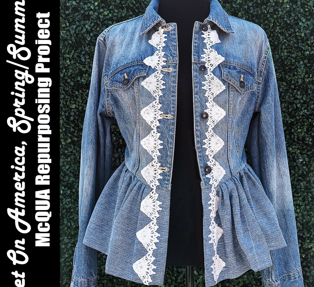Victorian Reconstructed Denim Jacket With Peplum and Lace Applique - Etsy