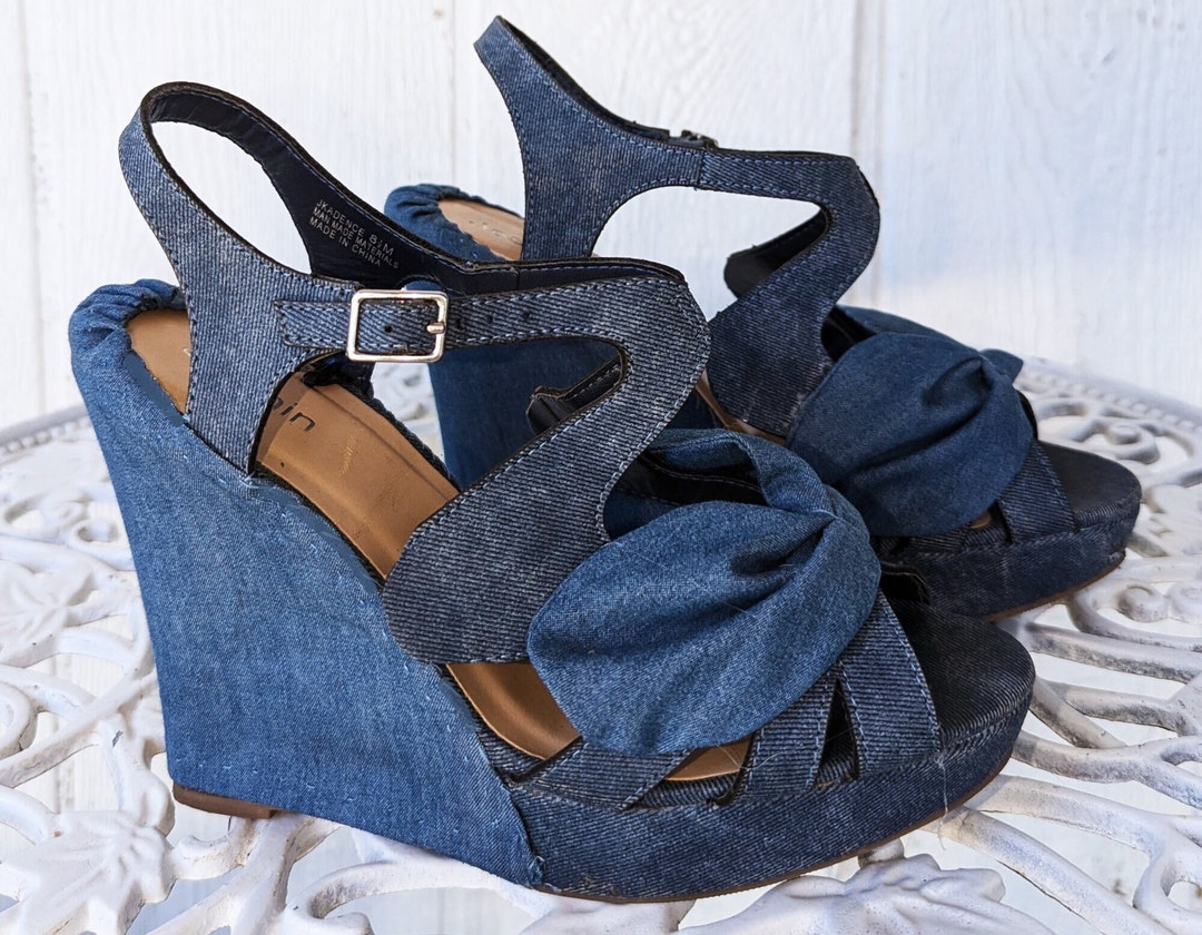 Denim Wedge Heels Custom Made One of a Kind With Denim Bow Ladies High ...