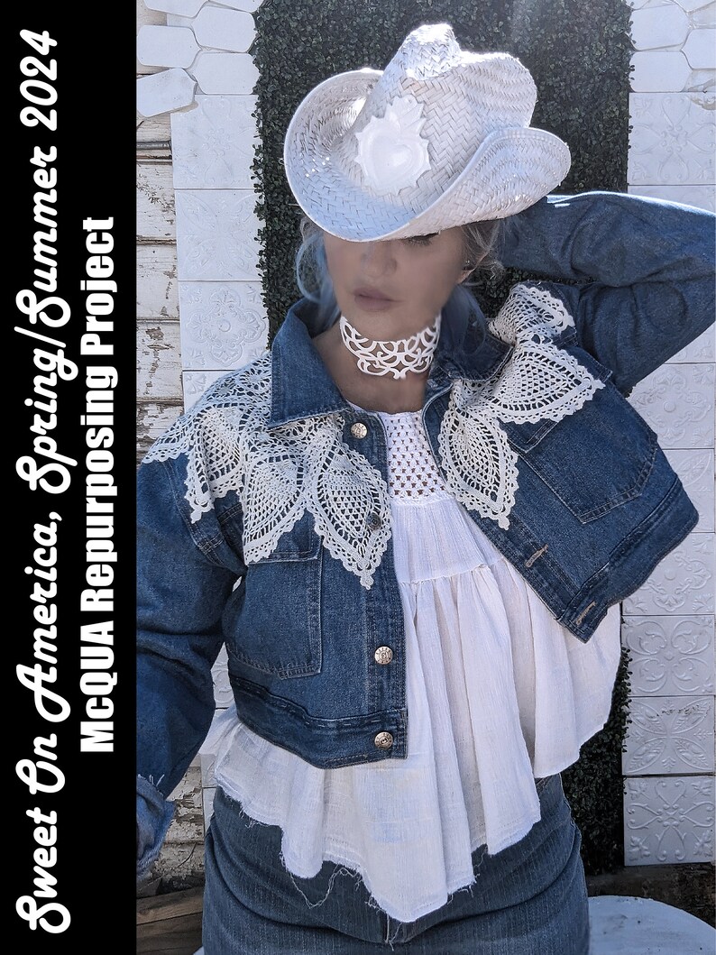Cropped Denim Jacket With Coated Lace Applique - Etsy
