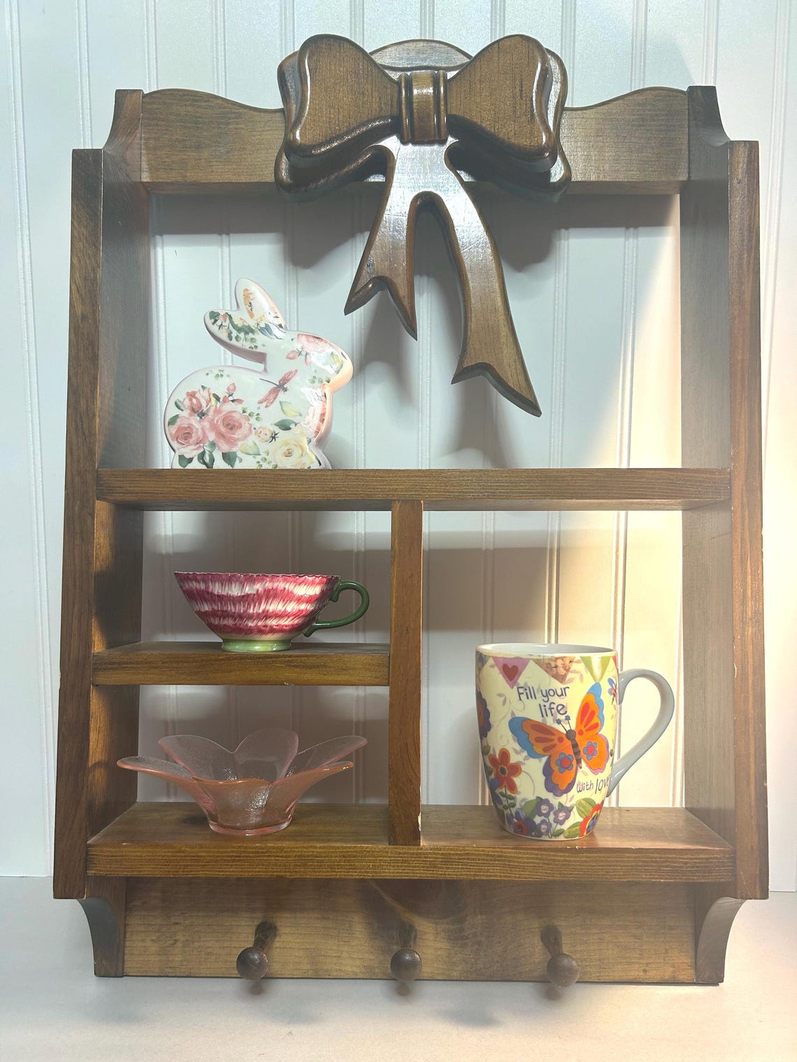 Vintage Wooden 3 Tier Bow Wall Shelf W/ Pegs for Keys - Etsy