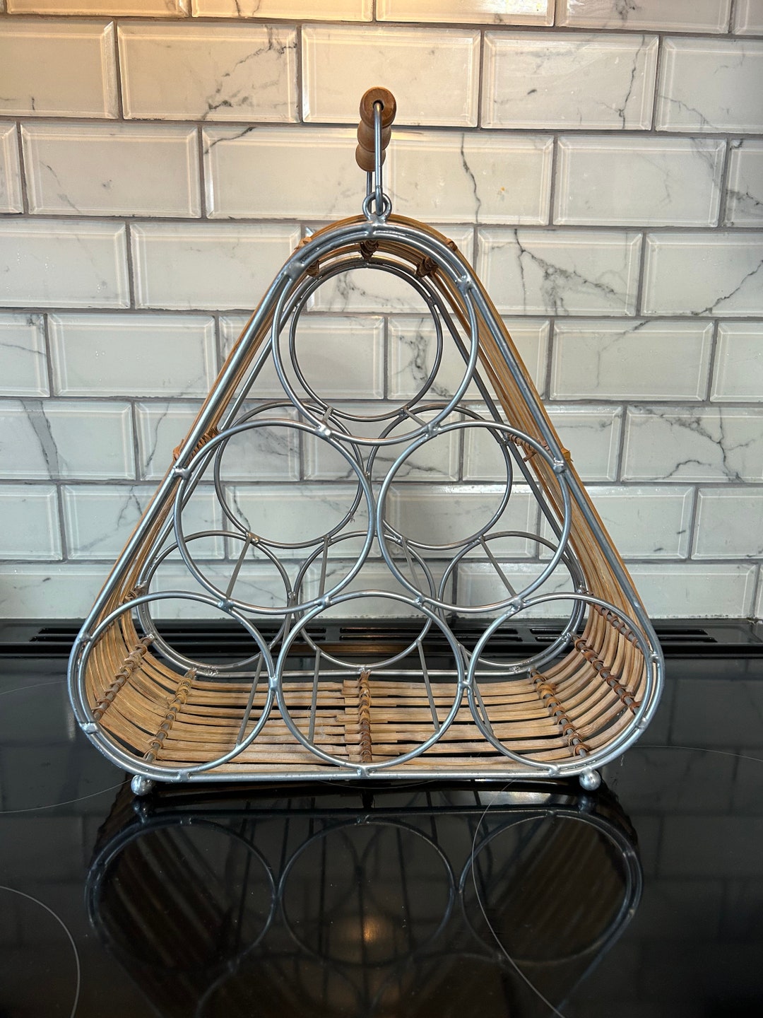 Vintage Bamboo Wine Rack, Triangular Shape Holds 6 Bottles, W/ Handle ...