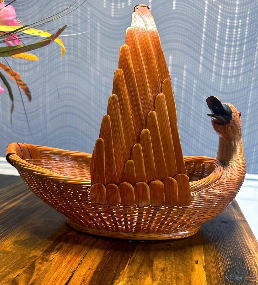 Vintage Wicker Duck Basket, Rattan Goose W/ Wood Beek ~ 12.5" (large ...