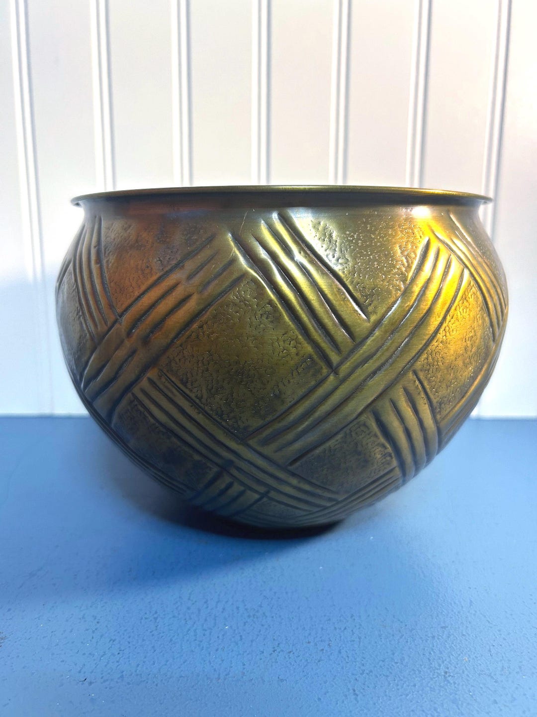Vintage Cross Hatch Brass Planter ~ 6”x 7” - Etsy