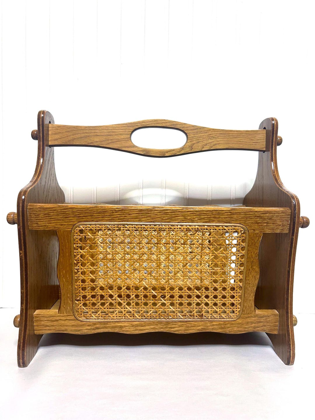 Vintage Oak Wood Woven Wicker Rattan Magazine, Book, Cane Vinyl Record ...