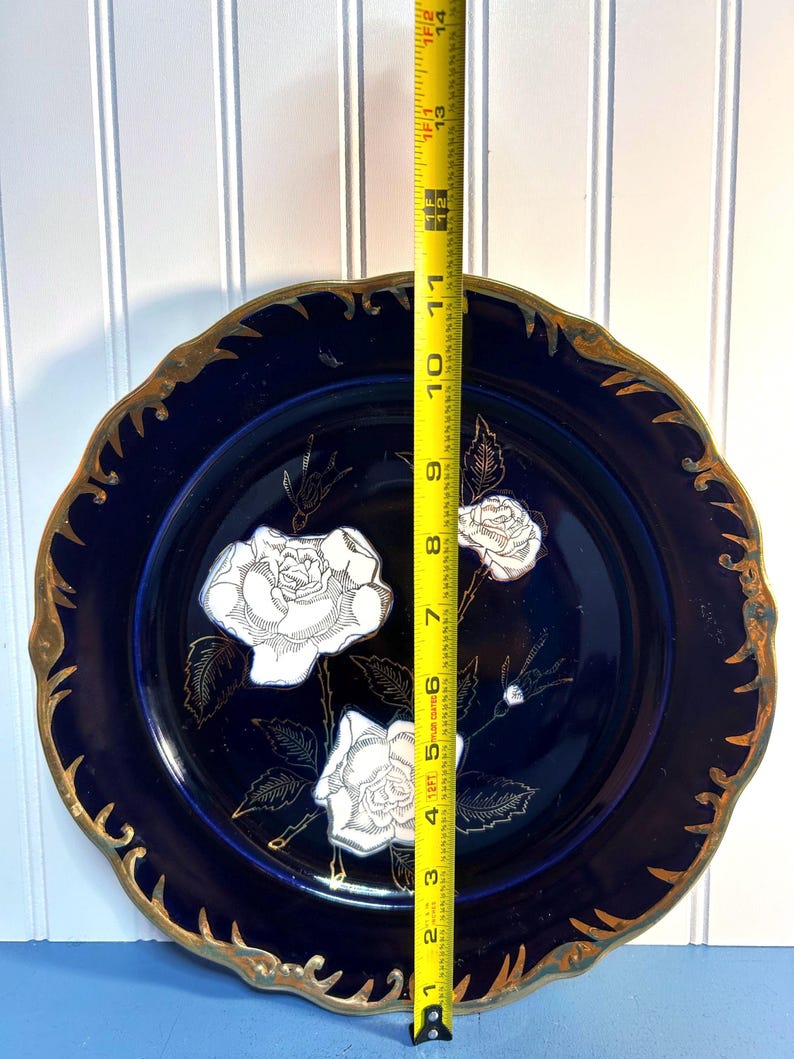 Vintage Cobalt Blue Rose Plate W/ Embossed Gold Echt Made in Romania ...
