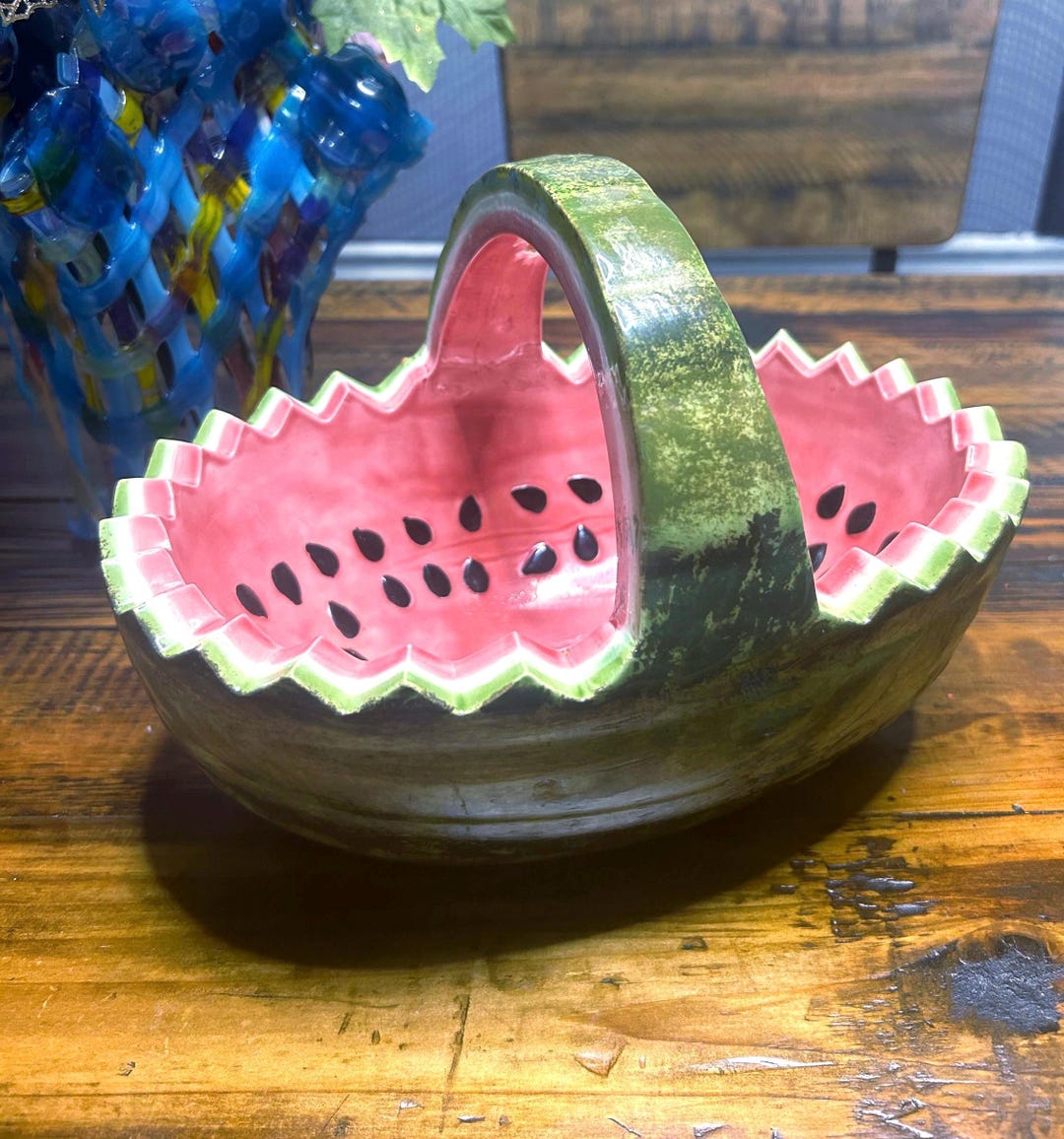 Vintage Handmade Ceramic Watermelon Bowl W/ Handle ~ 11.25” (artist ...