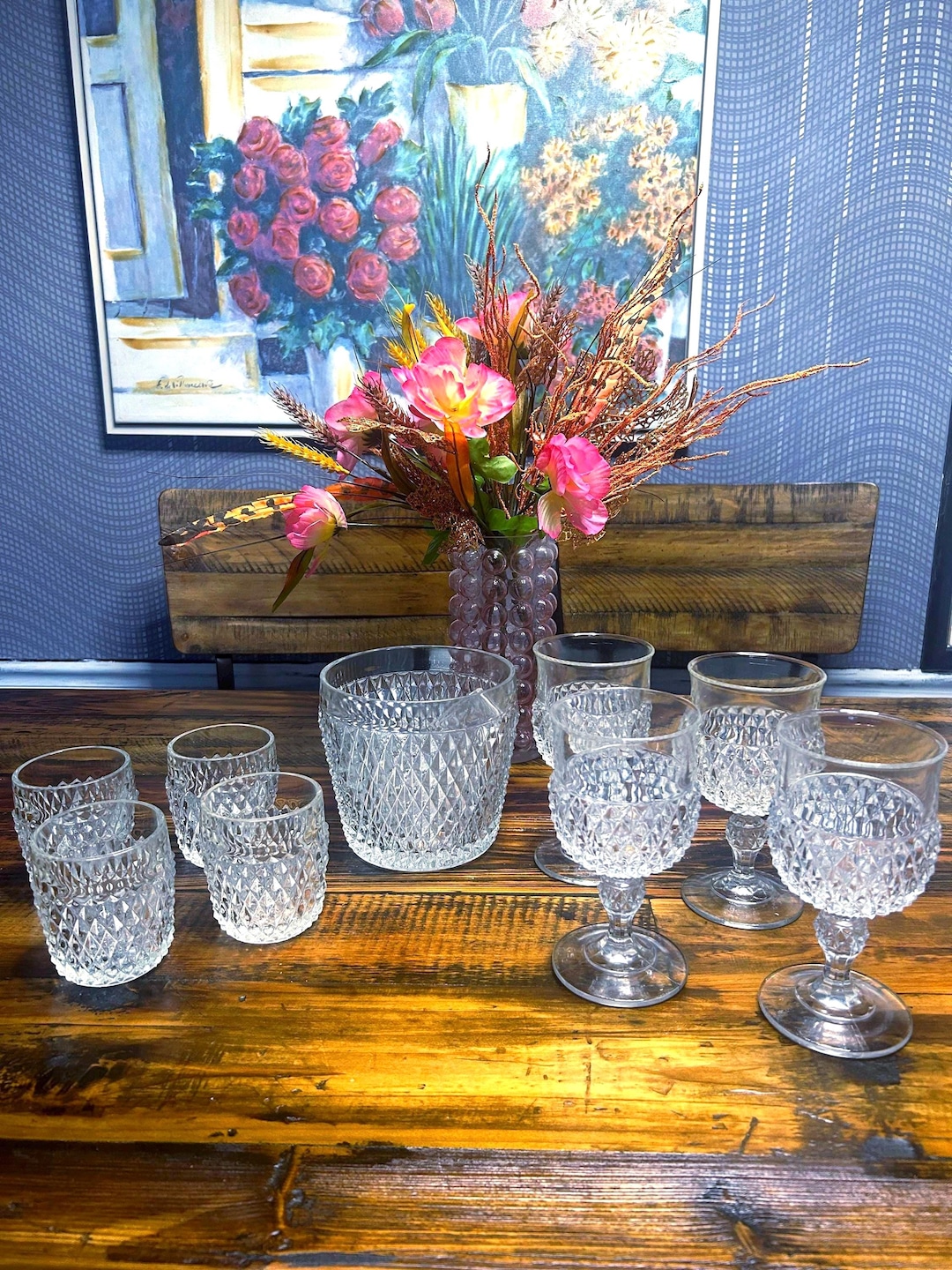 Vintage Indiana Diamond Point Glassware Set: Ice Bucket, Goblets and ...