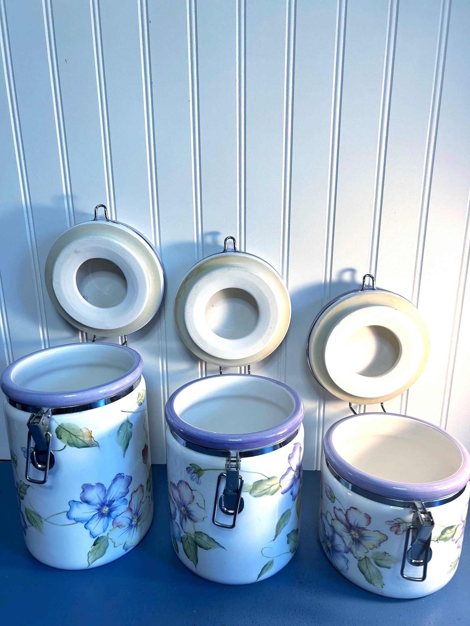 Vintage Purple Floral Canisters W/ Sealed Lids Set of 3 very Wide and ...