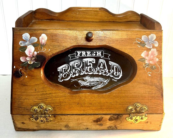 Vintage Wooden Bread Box W/ Glass Window and Hand Painted Flowers ~ 15. ...
