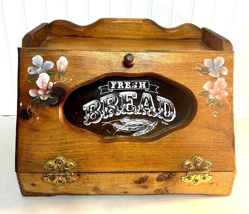 Vintage Wooden Bread Box W/ Glass Window and Hand Painted Flowers ~ 15. ...