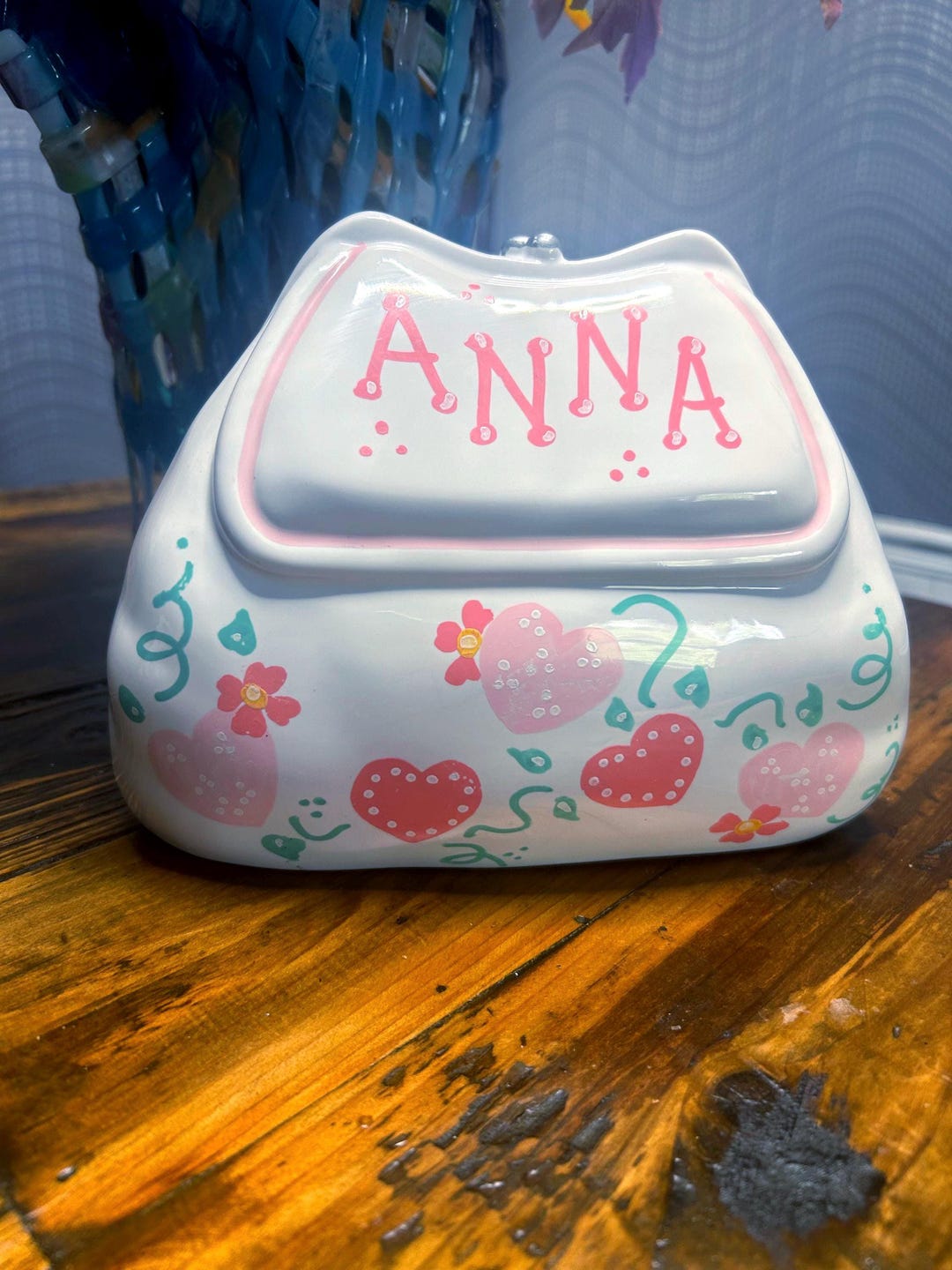 Vintage Ceramic “ANNA” Bank, Pink and White Heart and Floral Purse ~ 8 ...