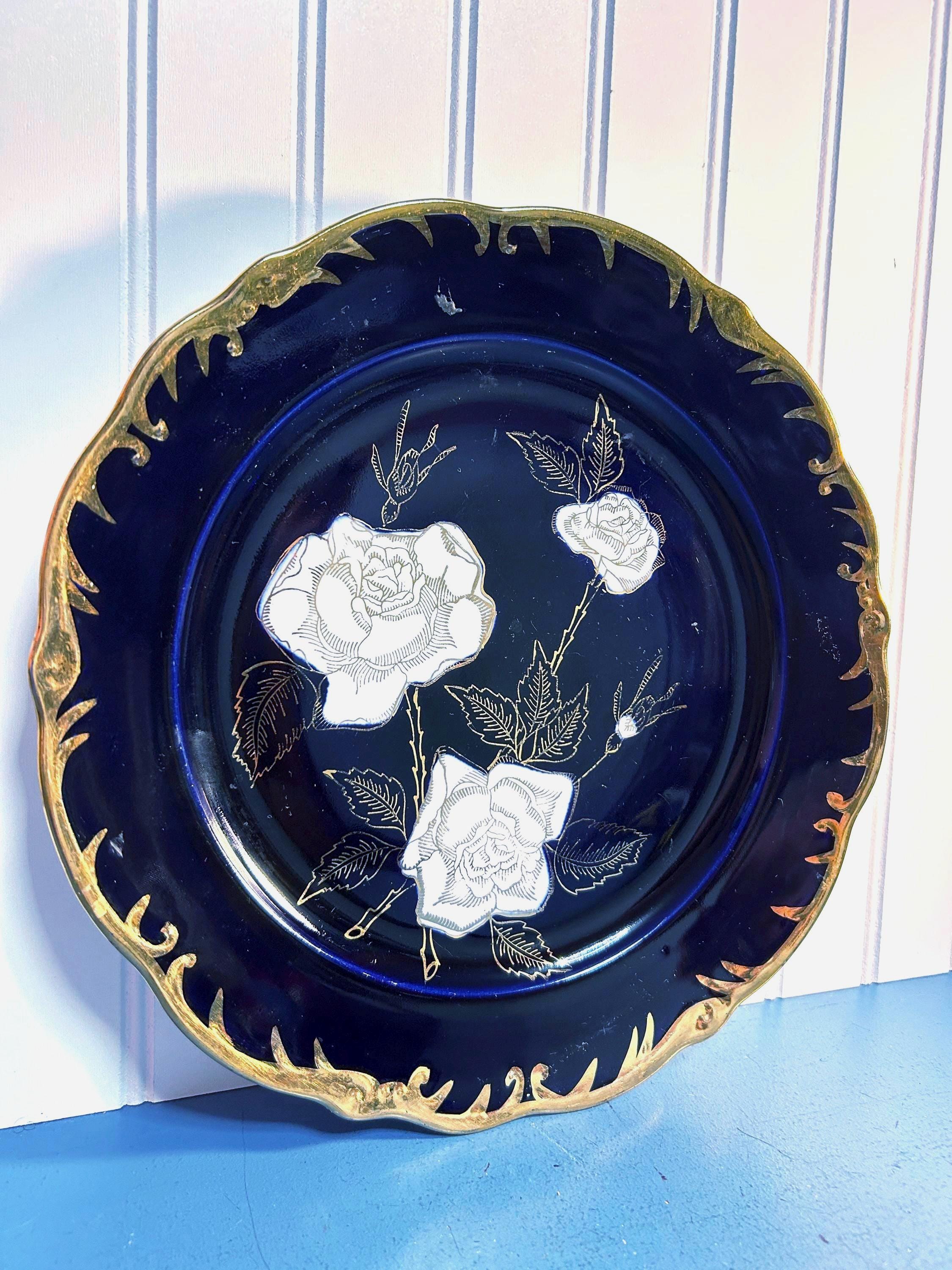 Vintage Cobalt Blue Rose Plate W/ Embossed Gold Echt Made in Romania ...
