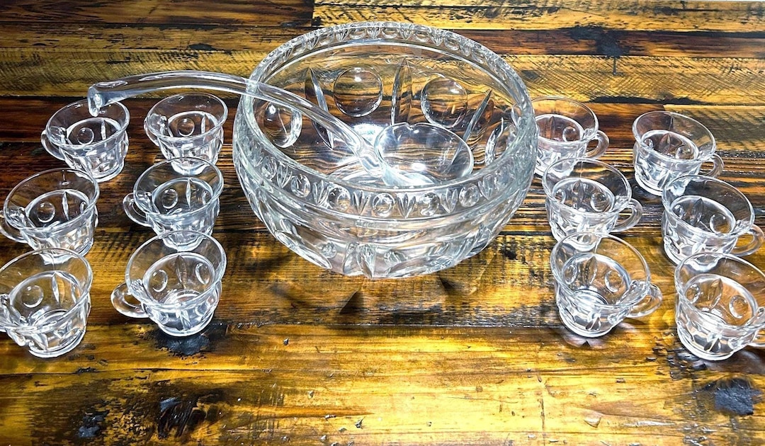 Vintage Crystal Punch Bowl W/12 Glasses and Glass Ladle, Classique Dot ...