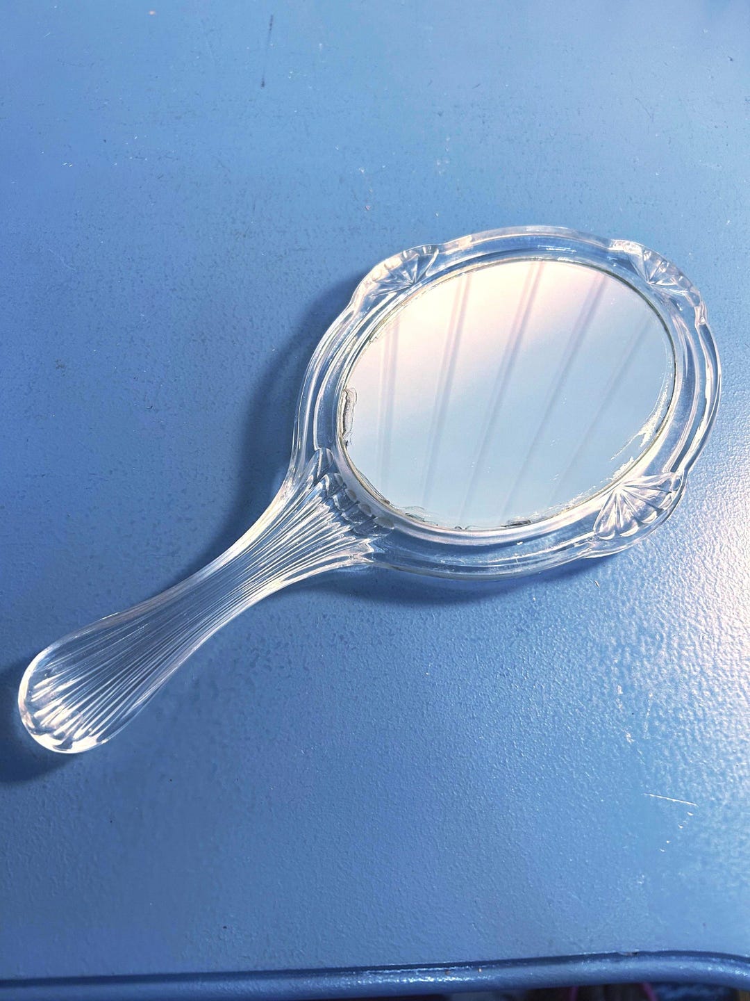 Vintage Crystal Hand Held Mirror W/embossed Roses on Back~ 10”x 5” - Etsy