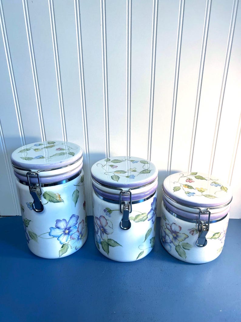 Vintage Purple Floral Canisters W/ Sealed Lids Set of 3 very Wide and ...