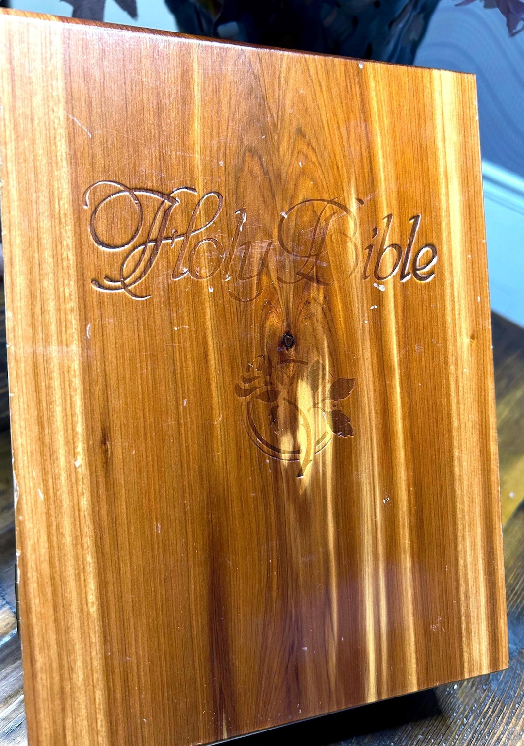 Vintage Solid Wood Bible Box Red Felt W/ Original Holy Bible ~ 9”x 6.5 ...