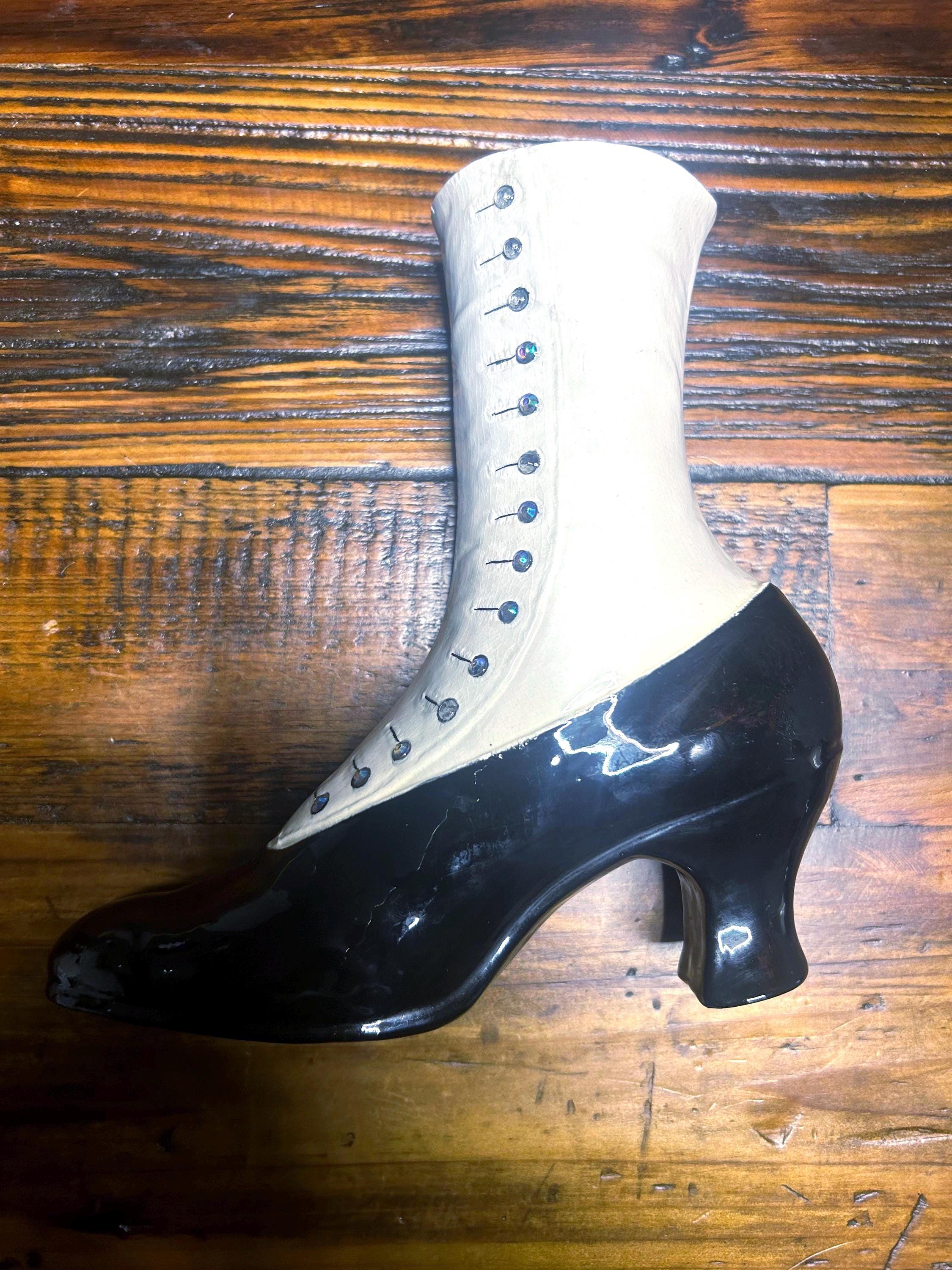 Vintage Black and White Ceramic Boots, Victorian Heels W/ Rhinestones ...