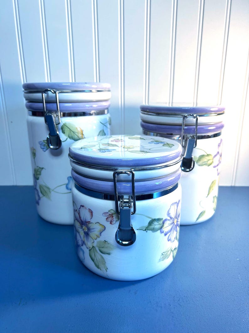 Vintage Purple Floral Canisters W/ Sealed Lids Set of 3 very Wide and ...