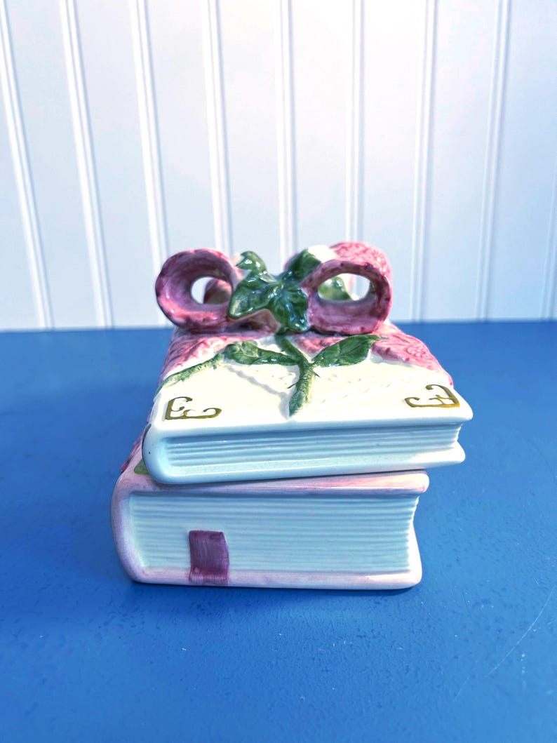 Vintage Ceramic Book for Trinkets W/ Rose & Bow Lid ~ 6.5” - Etsy