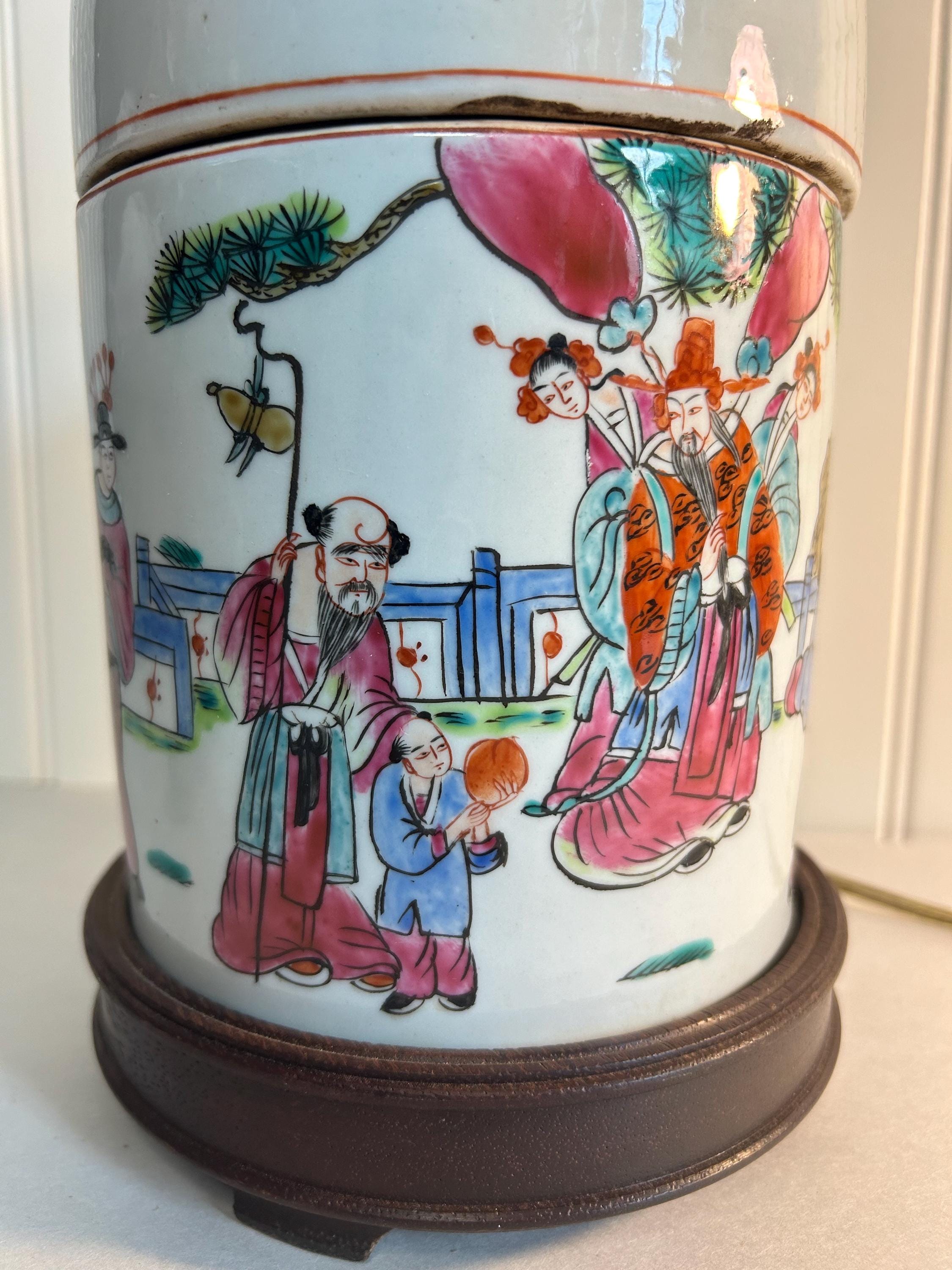Vintage Chinese Porcelain Brass Table Lamp W/ Wood Base 18 - Etsy