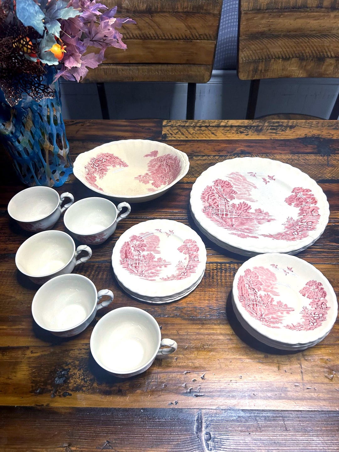 Vintage Grindley Transferware Set: Red & White Plates, Saucers, Teacups ...