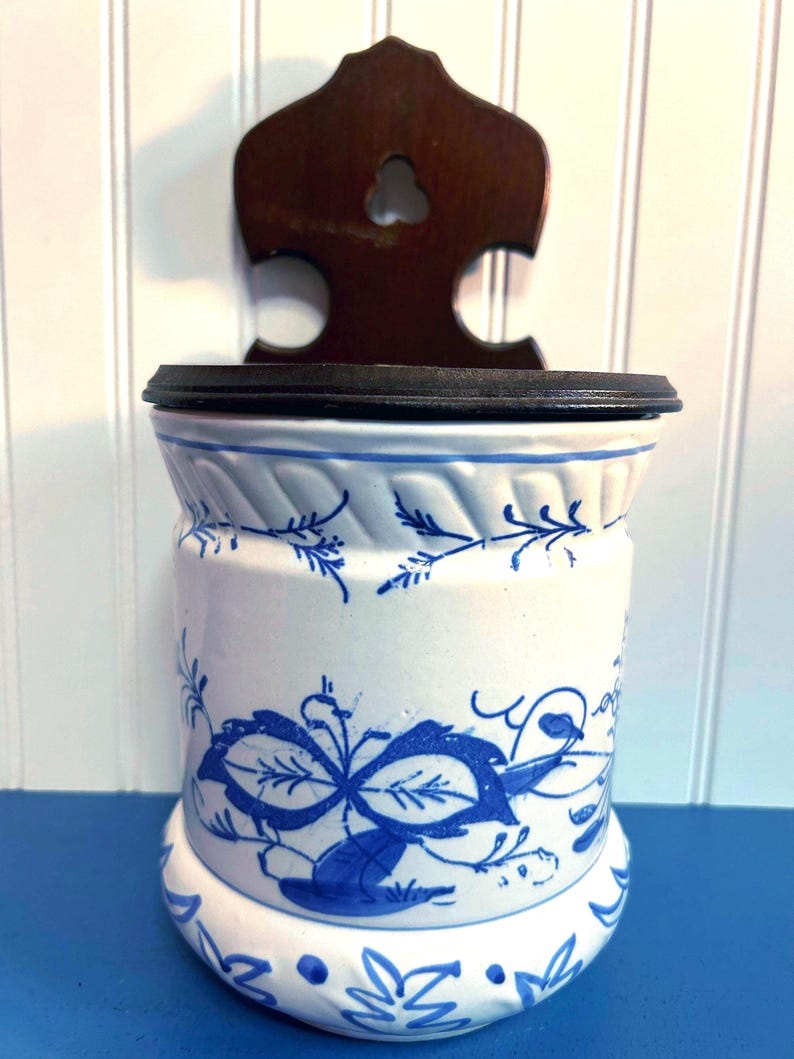 Vintage Large Salt Box | Blue and White Salt Cellar | Wooden Wall Mount ...