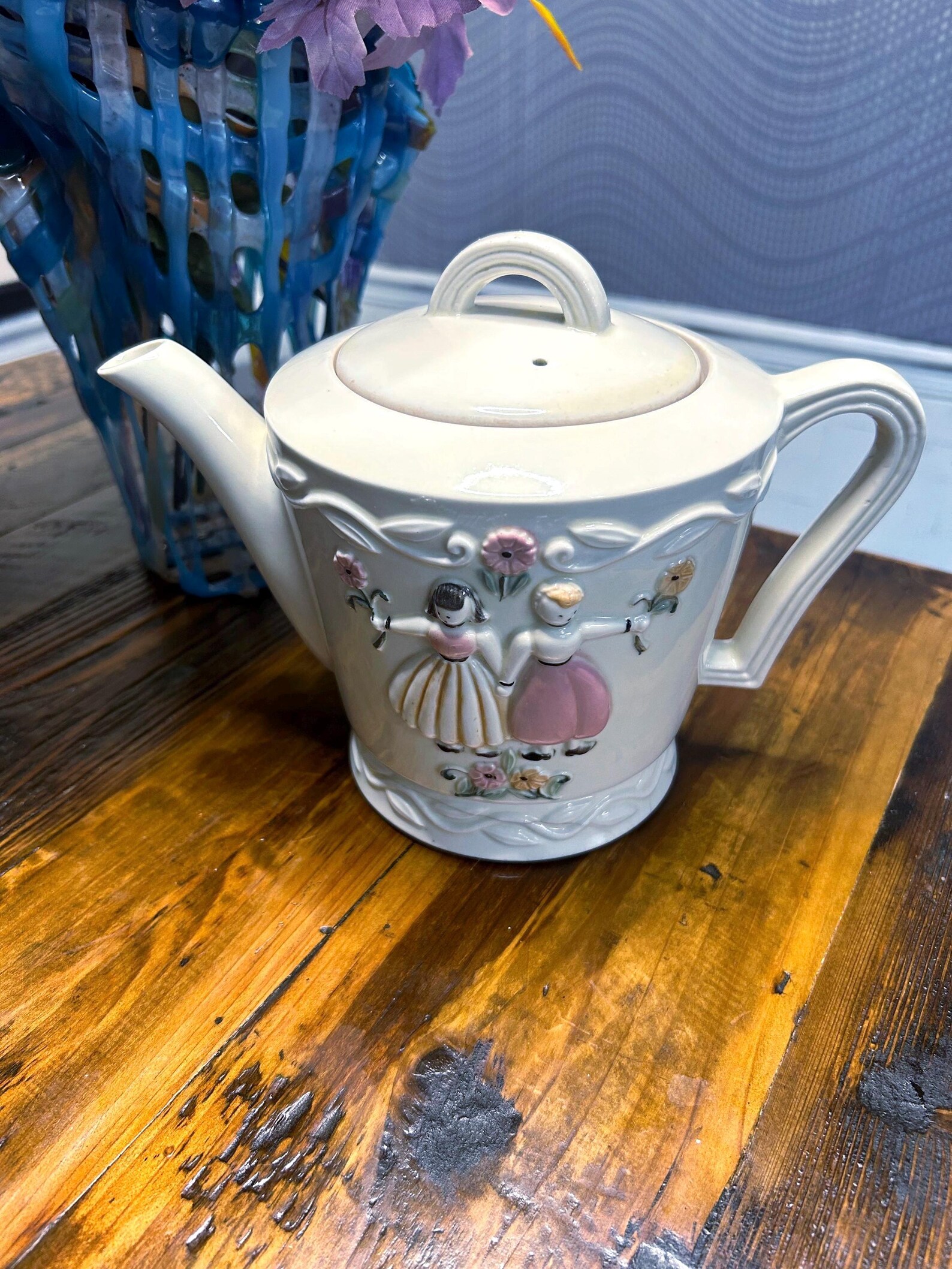 Vintage Porcelier Vitreous Hand Tea Pot W/ Boy and Girl Floral ~ 7.5x 9 ...