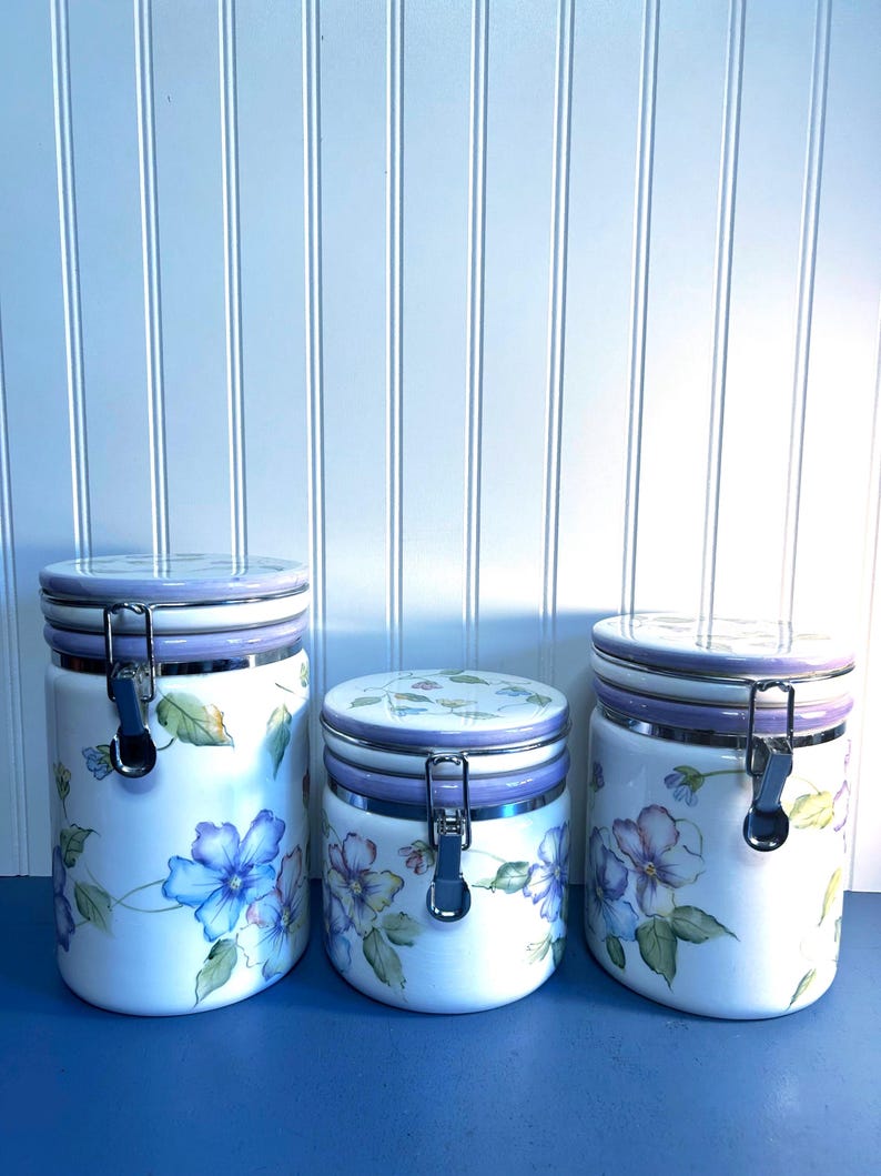 Vintage Purple Floral Canisters W/ Sealed Lids Set of 3 very Wide and ...