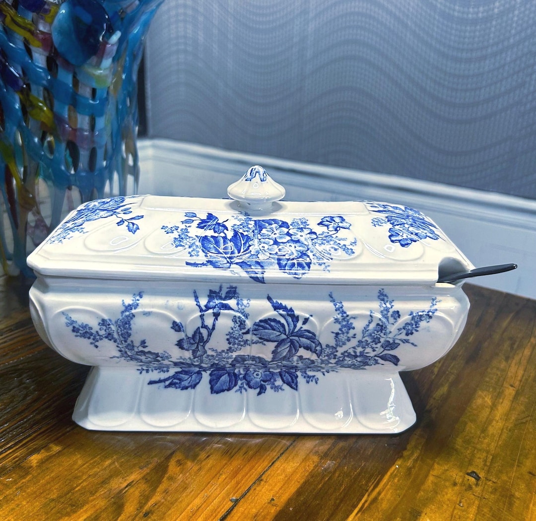 Vintage Blue Floral Electric Tureen, Porcelain Soup Server With Ladle ...