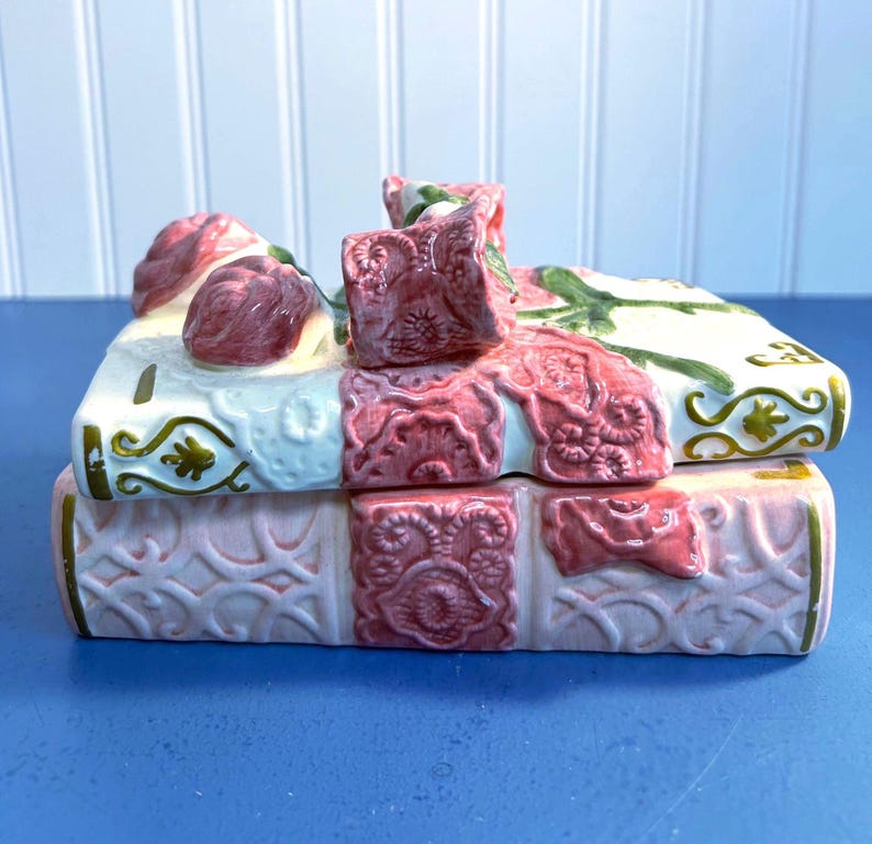 Vintage Ceramic Book for Trinkets W/ Rose & Bow Lid ~ 6.5” - Etsy