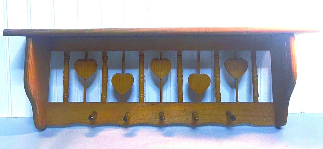 Vintage Solid Wood Heart & Spindle Wall Shelf/ Coat Rack, Large ~ W/ (5 ...