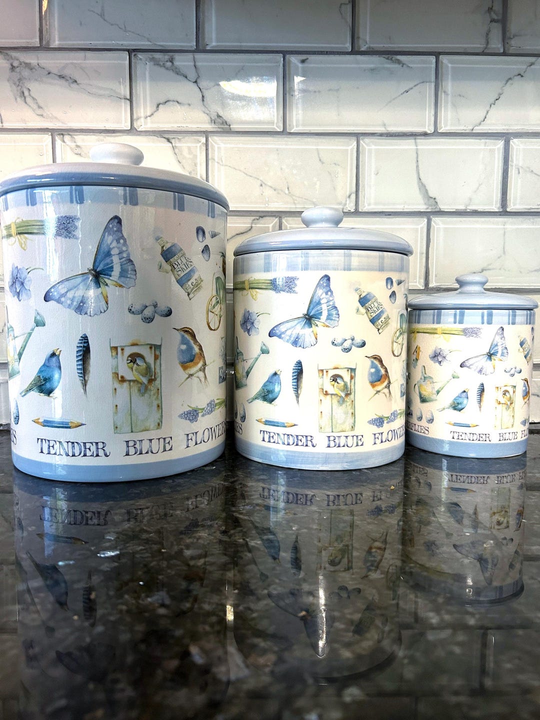 Vintage Butterfly+bird Ceramic~ 3pc Canister Set W/ Sealed Lids (very ...