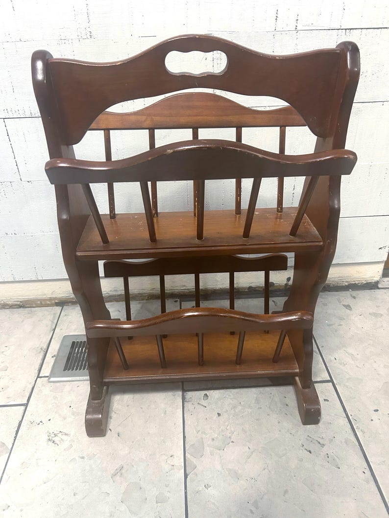 Vintage Solid Wood 2- Tiered Magazine/ Book Rack W/ Handle ~ 23” (large ...