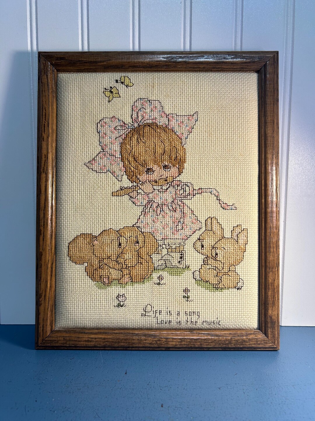 Vintage Needlepoint Girl Playing Flute for Rabbits & Squirrels 11x 9 - Etsy