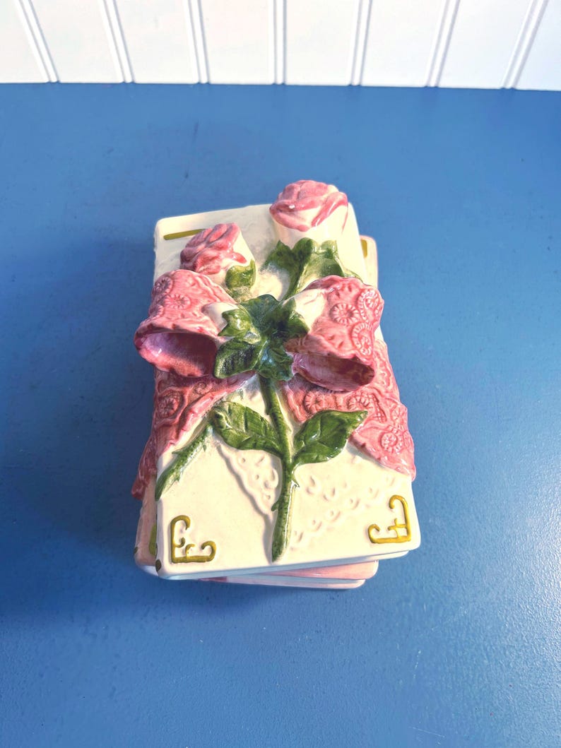 Vintage Ceramic Book for Trinkets W/ Rose & Bow Lid ~ 6.5” - Etsy
