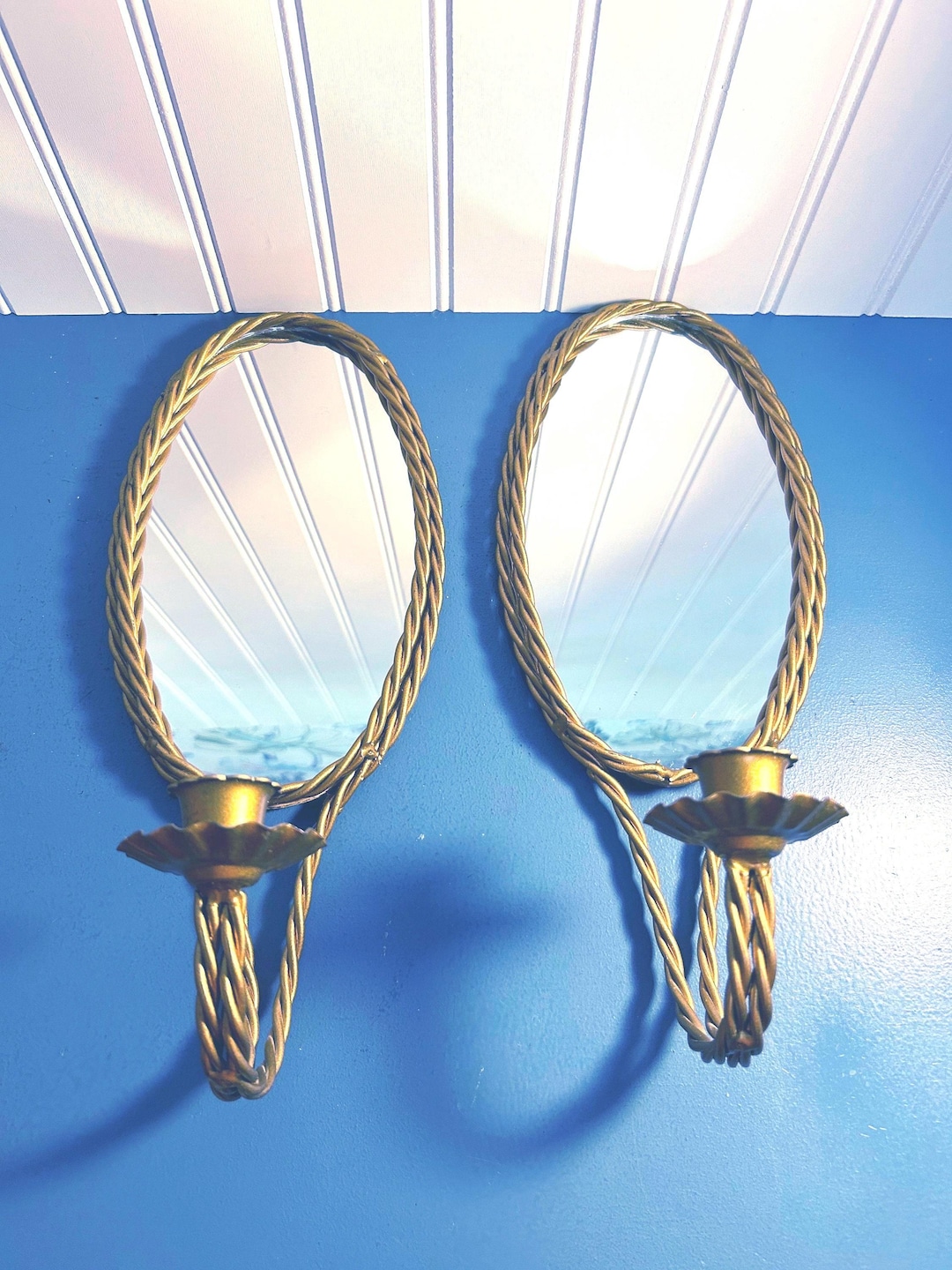 Vintage Hollywood Regency Wall Decor Gold Mirror/candle Holder~ Set of ...