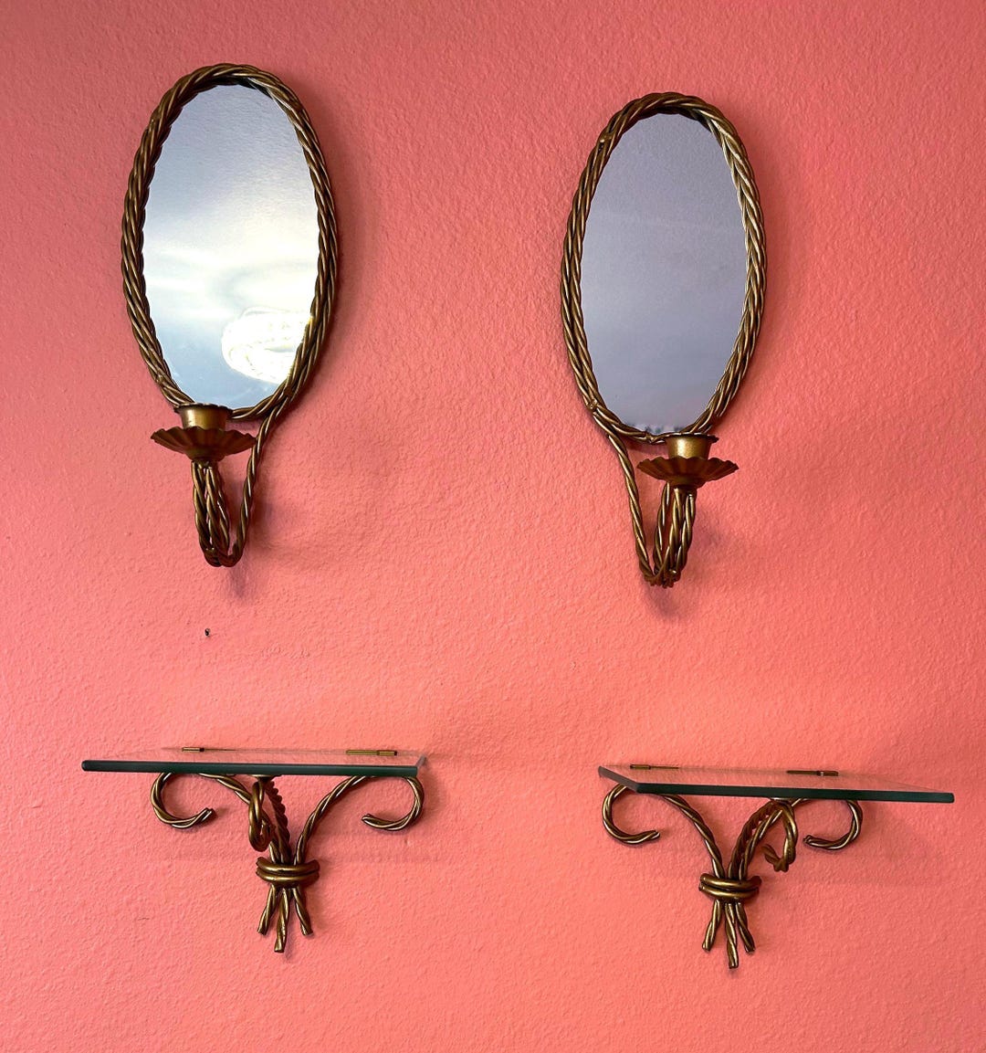 Vintage MCM Hollywood Regency Gold Twisted Metal Mirrors and Glass ...